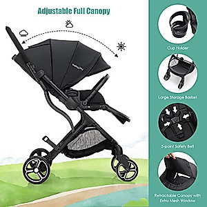 BABY JOY Baby Stroller, Front Rear Facing Toddler Carriage w/Convertible Seat, Cup Holder, 5-Point Harness, Adjustable Handle/Canopy/Backrest, Storage Basket, One-Step Brake Foldable Stroller (Black)