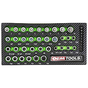 OEMTOOLS 23992 44 Piece Multi Drive Star Socket Set With Custom Fit Tray, Heat Treated, Alloy Steel Master Torx Set With SAE and Metric Hex Sockets, Chrome and Green
