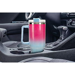 Elanze Designs 40 oz Stainless Steel, Large Water Bottle, Coffee Mug, Spill & Leak Resistant, Thermal Travel Tumbler With Handle, Lid & Straw, Hot Pink/Sky Blue