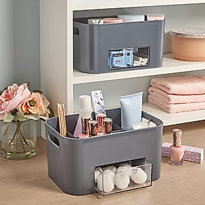 STORi Bliss 4-Compartment Plastic Vanity Organizer with Small Accessory Drawer in Grey | Rectangular Makeup, Skincare, & Cosmetic Storage Bin with Pass-Through Handles | Made in USA