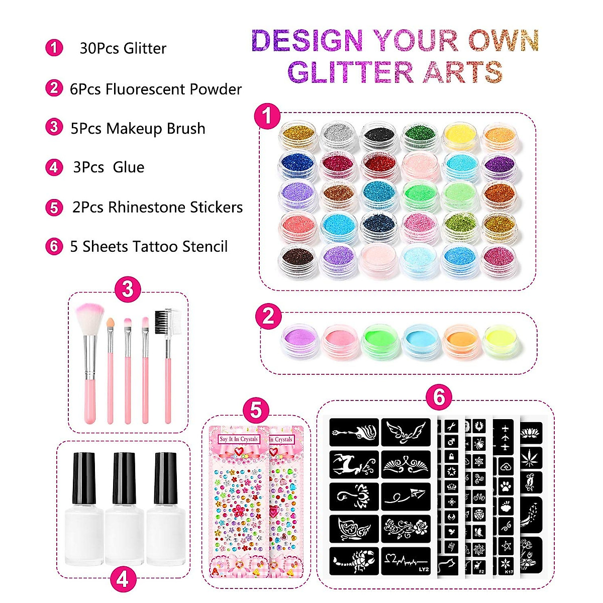 Temporary Glitter Tattoo Kit for Kids makeup,30 Body Glitter,3 Glitter Glue,5 Sheets Tattoos Stencil,5 Pcs Makeup Brush,6 Fluorescent Powder,Rhinestone Stickers,Holiday,Party,Nail Art