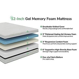 Novilla Queen Mattress, 12 Inch Gel Memory Foam Mattress Cooling, Queen Size Mattress in a Box for Back Pain Relief, Medium Firm Mattress with Edge Support & Motion Isolation