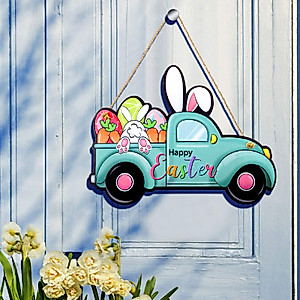 Jetec Happy Easter Hanging Sign Truck Bunny Welcome Wooden Door Sign Truck Hanging Plaque Rustic Wall Sign Yard Indoor Outdoor Garden Decoration with Rope, 13.4 x 10 Inch