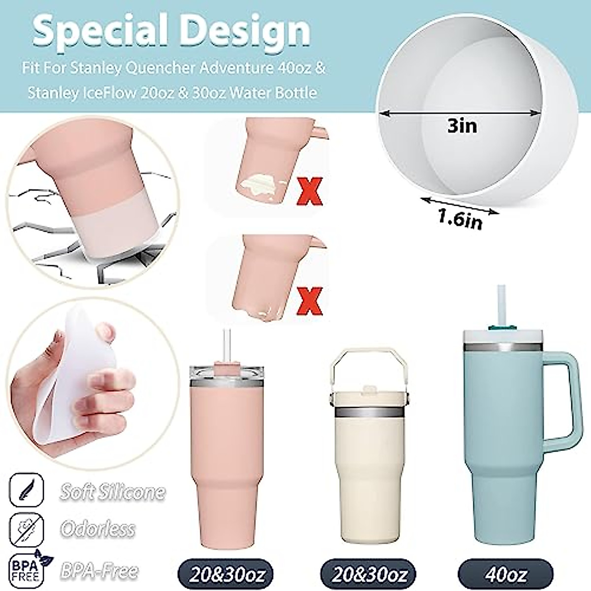 Stanley Cup Accessories Set Includs 1 Pcs Water Bottle Pouch, 6 Pcs Silicone Spill Proof Stopper, 2 Pcs Straw Cover Cap(9-10mm Straw), 1 Pcs Silicone Boot for Stanley Cup 40oz & 30oz Tumbler (Pink)