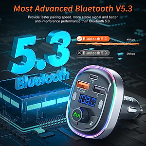 SONRU​ Bluetooth 5.3 Fm Transmitter for Car, Bluetooth Car Adapter with Dual USB Charger 48w Pd&Qc3.0 USB 7 Colored LED Backlit Light Support Handsfree Calling