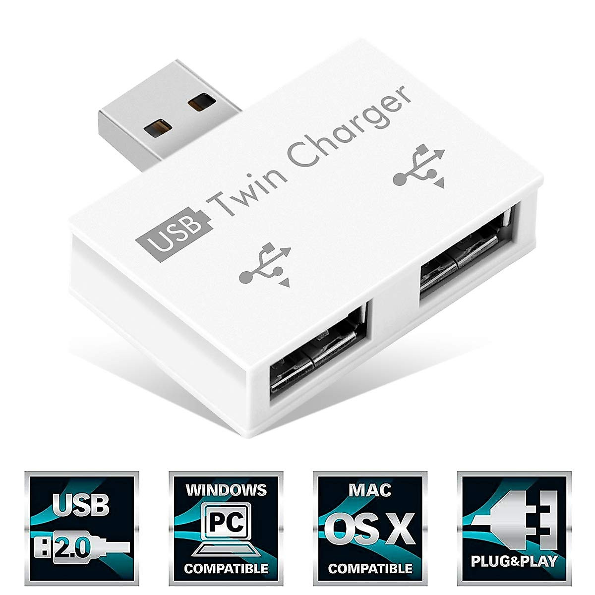 USB 2.0 Hub Adapter, USB Splitter Hub 2 Port USB Ultra Slim Data Hub for Device Charging(White)