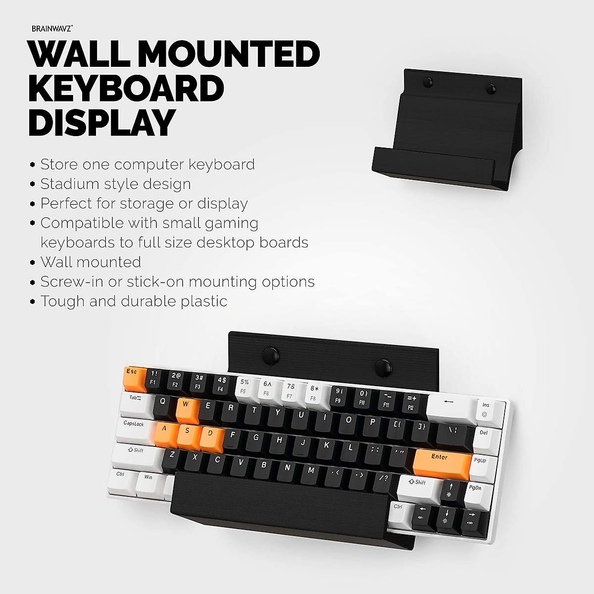 BRAINWAVZ Gaming Keyboard Stand for Wall Mounting - Adhesive or Screw Mount Installation - Stylish and Space Saving Solution for Gamers, Home & Office (KBW01)