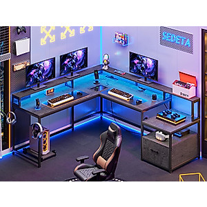 SEDETA L Shaped Office Desk, 66" Home Office Desk with File Drawer & Power Outlet, Gaming Desk with Led Lights, Corner Computer Desk with Monitor Shelf, Printer Storage Shelves, Two Person Desk, Grey