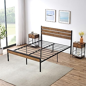 coucheta Queen Bed Frame,Queen Bed Frame with Wooden Headboard and Footboard, Platform Bed Frame with Storage, Strong Metal Slats Support, No Box Spring Needed,Brown