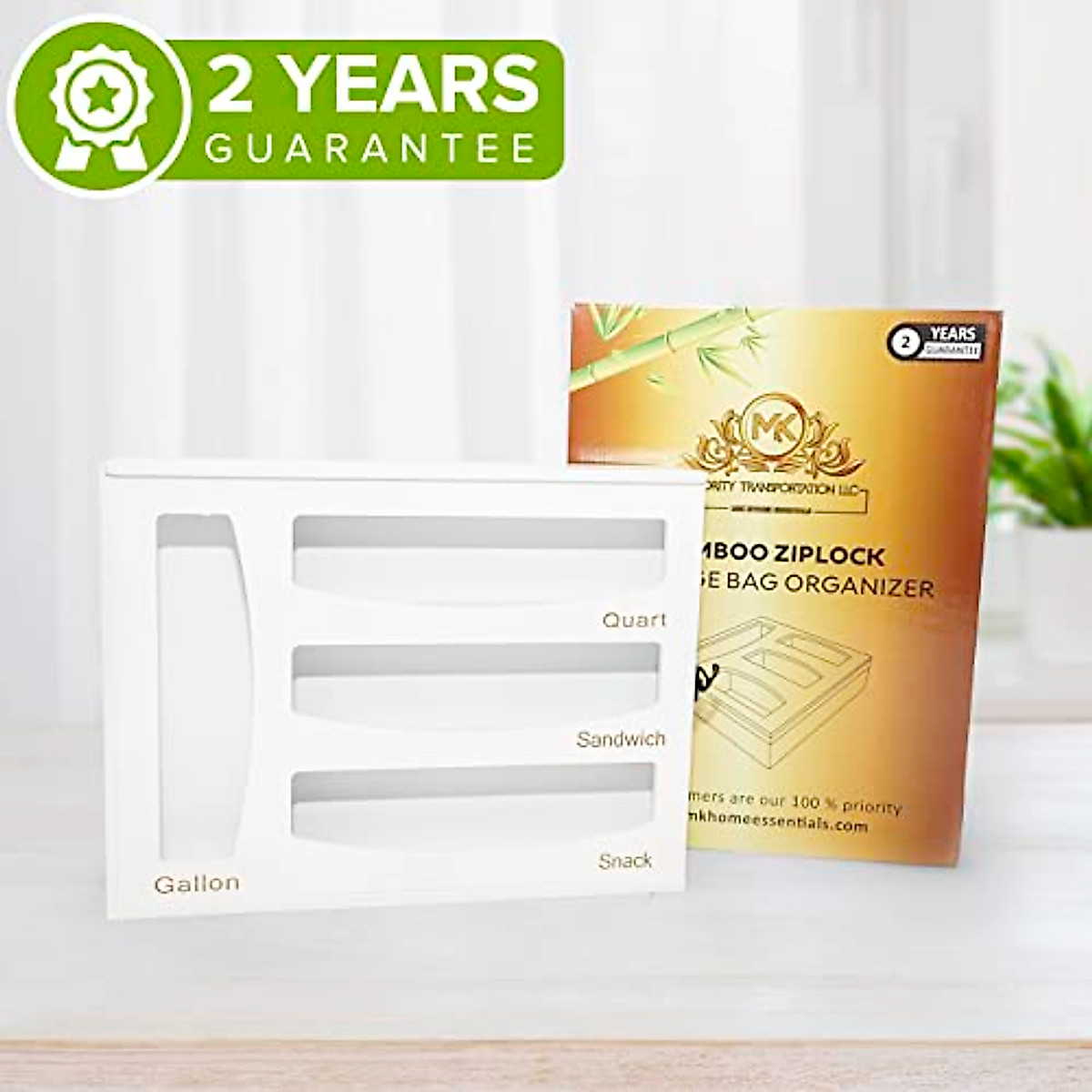 Bamboo Ziplock Bag Organizer for Drawer- Water Resistance Kitchen Organizer with 4 Slots, Effective Storage Bag Organizer with Removable Top- Suitable for Quart, Gallon & Snacks Zip Lock Bag- White
