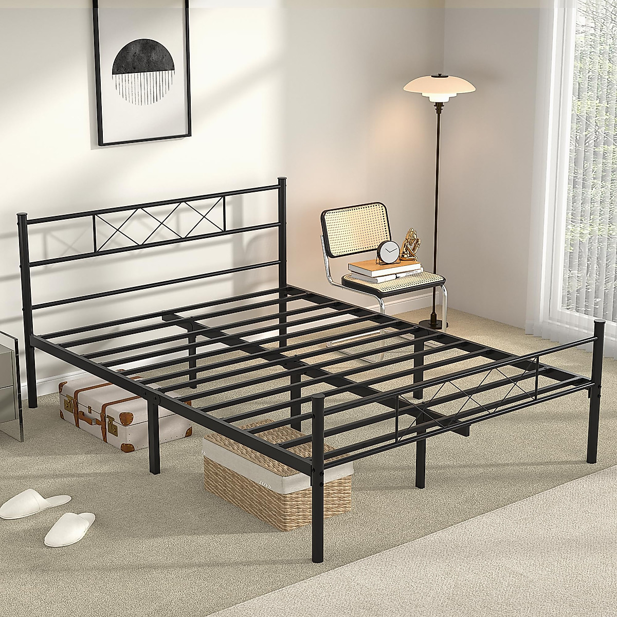 VECELO Queen Metal Platform Bed Frame with Headboard & Footboard, Steel Slats Mattress Foundation, No Box Spring Needed,Black