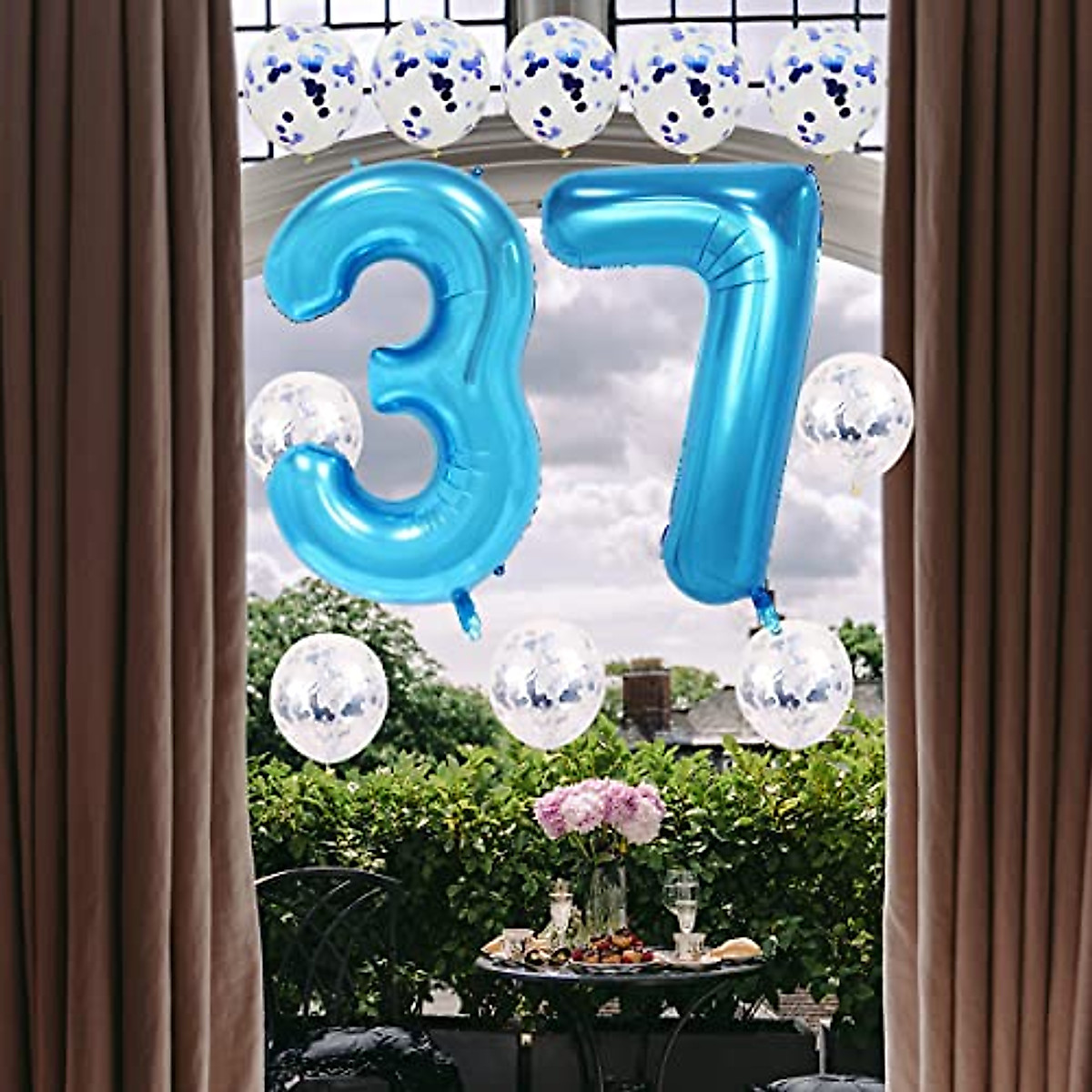 12pcs Blue Balloon Set Number 37 Balloon Kit Giant 37 Digital Foil Balloon Confetti Latex Helium Balloon Party Favors for 37th Birthday Wedding Anniversary Engagement Photo Props,37th Birthday Party