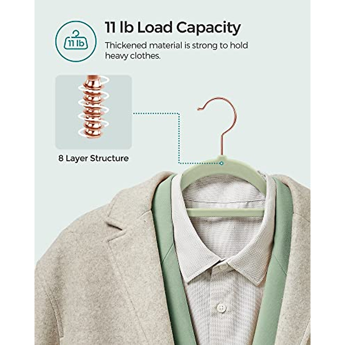 SONGMICS Velvet Hangers, Set of 50 Clothes Hanger with Rose Gold Swivel Hook, Non-Slip, and Space-Saving, 0.2-Inch Thick, 17.1-Inch Long for Coat, Shirt, Dress, Pants, Tie, Pale Green UCRF021GR50