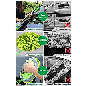 2 in 1 Chenille Microfiber Car Wash Mop Mitt with 46" Aluminum Alloy Long Handle,Car Cleaning Kit Brush Duster,Scratch Free Cleaning Tool Dust Collector Supplies, 2Pcs Mop Head(Green)