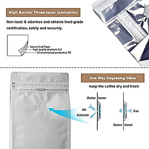 50 Count 32oz/1kg White Kraft Paper Coffee Bags - High Barrier Aluminium Foil Liner - Flat Bottom Coffee Pouches with Degassing Valve, Food Storage Bags with Rsealable Zipper & Easy Open Tape (50pcs, 32oz/1kg)