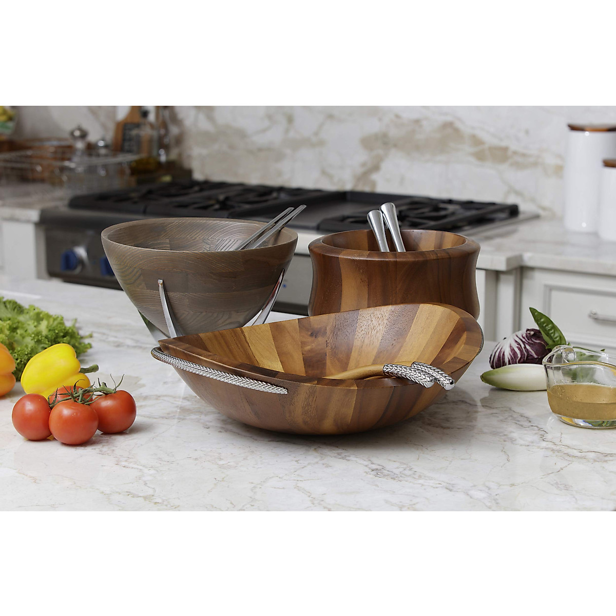 Nambe - Nara Collection Natural Acacia Wood Salad Bowl and Servers with Nambe Alloy Handles (10.5" x 5.5")