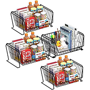 PUSDON 4-Tier Stackable Metal Storage Baskets, Anti-Rust Fruit Vegetable Rack, Dual Use Shelf for Kitchen, Home & Office, Black