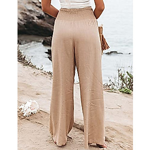 Hooever Women's Summer Linen Pants High Waisted Wide Leg Palazzo Pant Flowy Lounge Trousers (Khaki-S)