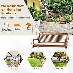 Happygrill Hanging Porch Swing 2-Seat Wooden Swing Bench with Cushion and Hanging Ropes, Outdoor Patio Swing for Garden and Backyard