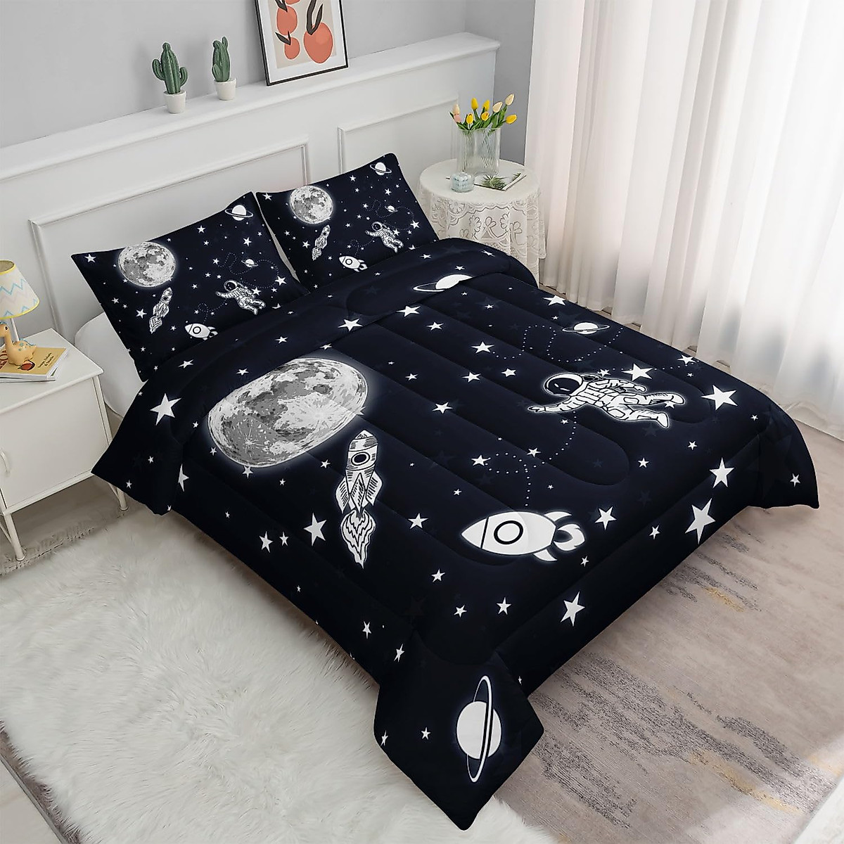 Datura home Kids Comforter Set Astronaut Space Rocket Printed Pattern Quilt Bedding Set with 1 Comforter and 2 Pillowcases for Girls Bedroom All Season(Space Rocket Twin), Twin 68x86inches