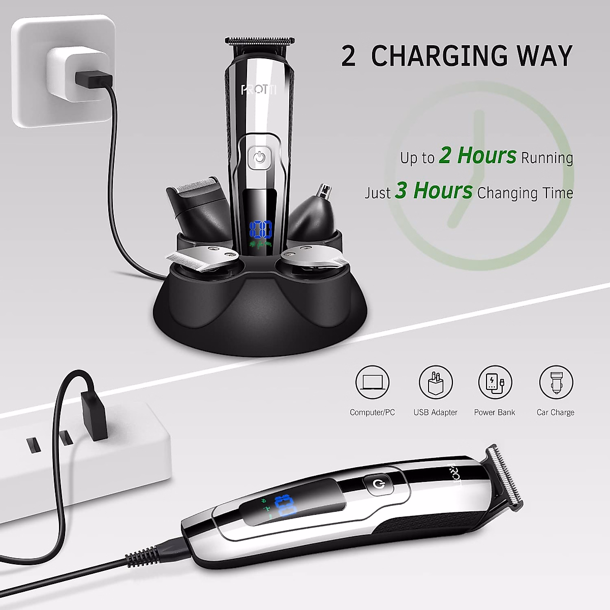 Beard Trimmer for Men, protti Hair Clippers for Men Waterproof Hair Trimmer 2 Ways Rechargeable Professional Cordless Hair Trimmer Facial Cutting Groomer All in 1 Mens Grooming Kit with LED Display