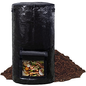 34 Gallon Garden Compost Bin Bag, Reusable Organic Fertilizer Fermented Bag with Lid,Collapsible Leaf Lawn Bags Gardening Container (Black)