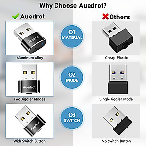 AUEDROT Mouse Jiggler Undetectable Metal USB Mouse Mover with Switch Button, Automatic Mini Mouse Shaker with 2 Jiggle Modes, Driver-Free, Plug and Play, Keep Computer/Laptop Awake, Black, 2 PCS