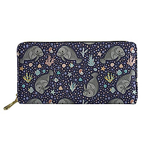 Coloranimal Long Leather Wallet for Women Ladies Cute Manatee Party Slim Credit Cards Cash Coins Organizer Zipper Closure Clutch Purse