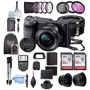 Alpha a6400 Mirrorless Digital Camera 24.2MP Sensor with 16-50mm Lens, 2 Pack SanDisk 32GB Memory Card, Backpack, Full Size Tripod & Inspire Digital Cloth Accessory Bundle (Black) (Renewed)