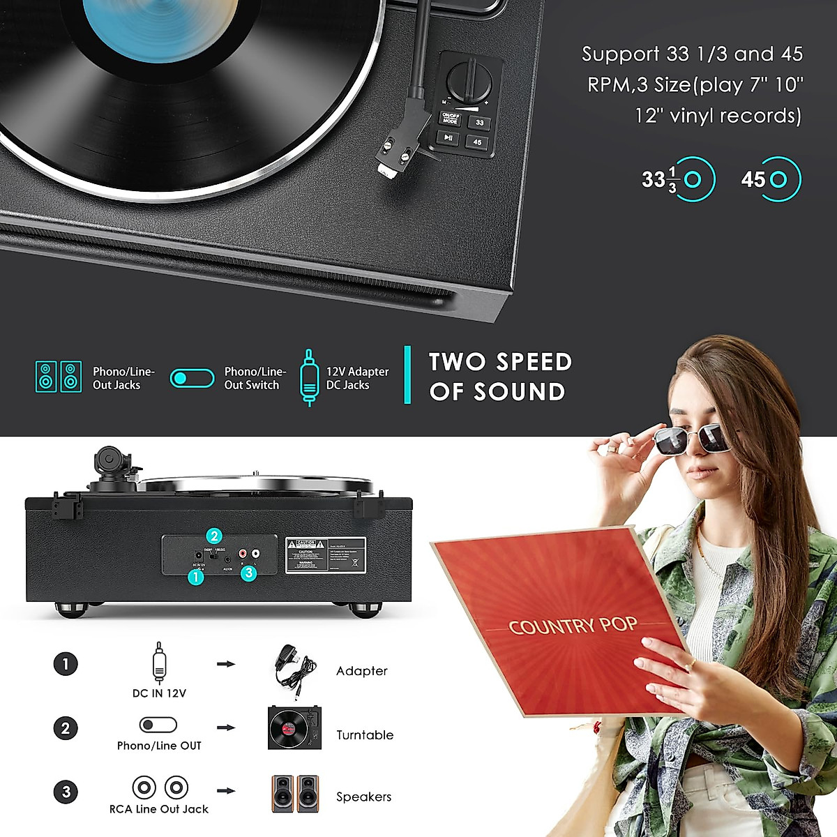 All-in-One Record Player High Fidelity Belt Drive Turntable for Vinyl Records Built-in 2 Tweeter and 2 Bass Stereo Speakers, Vinyl Player with MM Cartridge, Bluetooth, Aux-in, RCA, Auto Stop Black