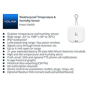 YoLink Smart Outdoor Temperature & Humidity Sensor, Hygrometer, Thermometer, 1000' Long Range, 2 Years Battery Life, Emails, Text/SMS, App Alerts, Alexa, IFTTT Integration. Hub Required!