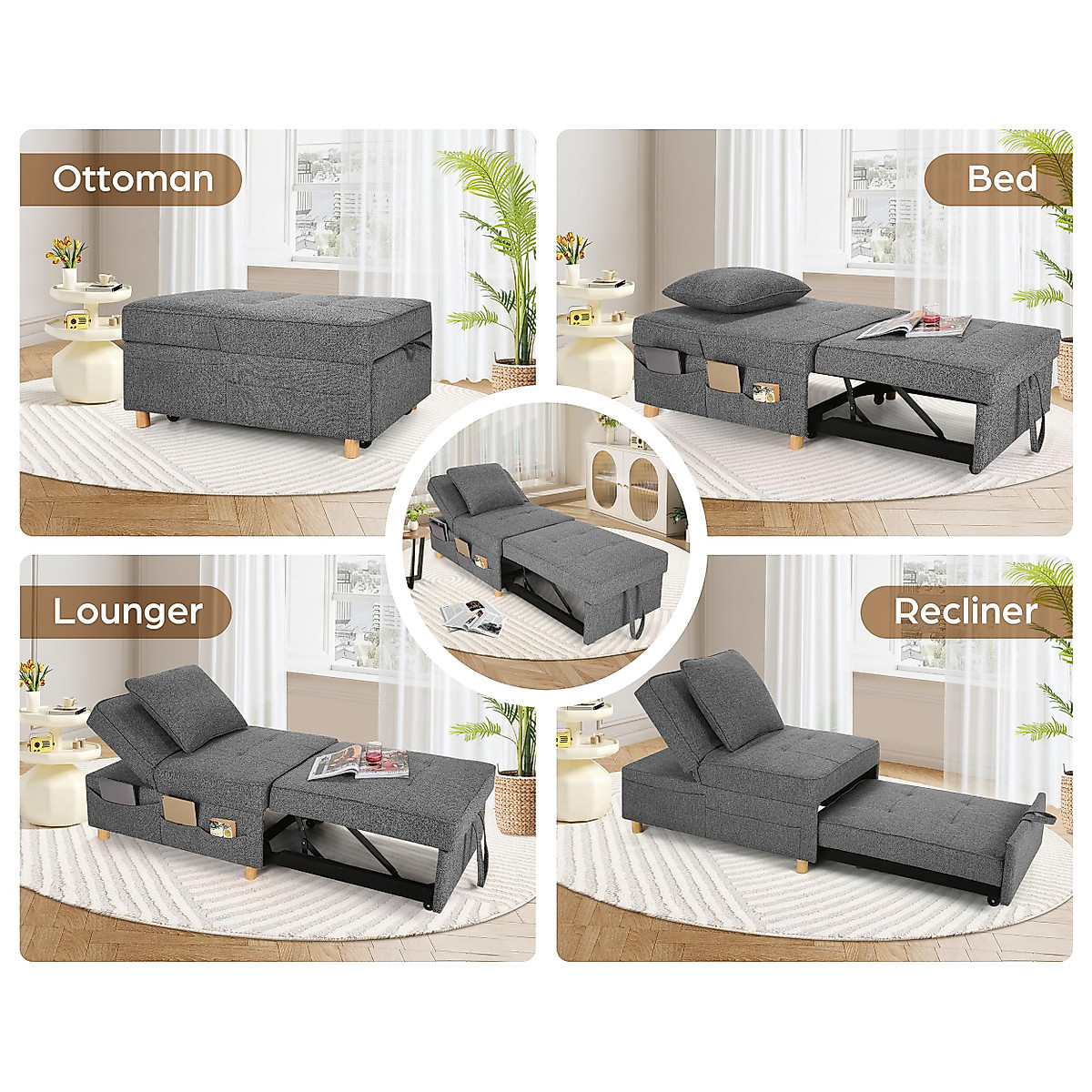 SEJOV Sleeper Sofa Chair Bed,4-in-1 Convertible Sofa Bed Chair with 6 Adjustable Backrest and Pillow, 3-Seat Pull Out Sleeper Chair Linen No Backrest for Bedroom Small Space Living Room, Dark Grey