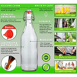 Flip Top Glass Bottle [1 Liter / 33 fl. oz.] [Pack of 6] – Swing Top Brewing Bottle with Stopper for Beverages, Oil, Vinegar, Kombucha, Beer, Water, Soda, Kefir – Airtight Lid & Leak Proof Cap – Clear