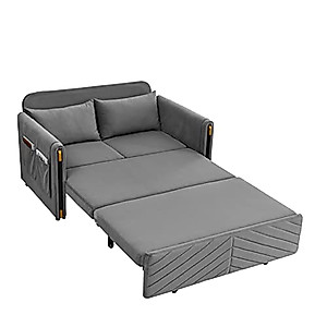 54" Pull Out Couch for Living Room, Convertible Sofa Bed with 2 Detachable Arm Pockets and Velvet Loveseat Multi-position Adjustable Sofa with Bedhead and 2 Pillows for Bedroom, Movie Room - Grey