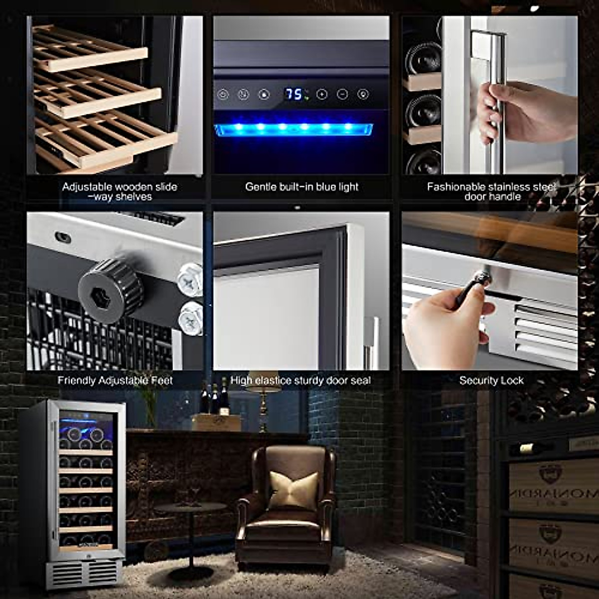 BODEGA Wine Cooler, 15 Inch Mini Fridge Wine Cooler Refrigerator, with Temperature Memory and Digital Temperature Control,Built-in or Freestanding (Double-Layer Glass Door)