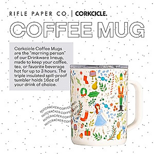 Corkcicle x Rifle Paper Co. Nutcracker Ballet Insulated Coffee Mug with Lid and Handle, 16 oz – Travel Mug Keeps Drinks Hot 3hrs – Non-Slip, Easy-Grip, Spill-Resistant Tumbler