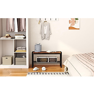 HOMEFORT Shoe Bench, Modern Industrial Shoe Storage Bench, Entryway Bench with Mesh Shelf and Sturdy Metal Frame, Metal Shoe Rack with Durable MDF Top for Hallway, Mudroom, Living Room, Rustic Brown