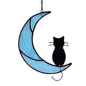 BOXCASA Black Cat Decor On Blue Moon Suncatcher Decoration,Cat Memorial Stained Glass Window Hanging Ornament,Cat Lovers Loss Sympathy Gifts,Pet Memorial Gift Decoration for Home Garden Decor