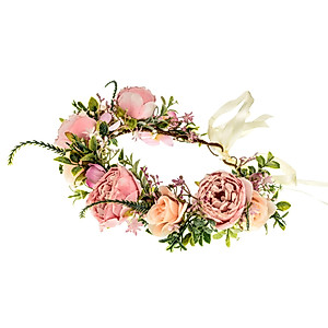 DreamLily Girls Camellias Flower Crown Birthday Photo Pops Hair Wreath Wedding Festival Floral Headpiece XM11 (A-Blush)