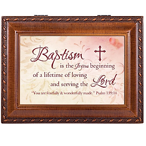 Cottage Garden Baptism Beginning of a Life Serving Woodgrain Rope Trim Jewelry Music Box Plays Jesus Loves Me