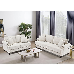 JEEOHEY 2 Piece Living Room Furniture Sets,Comfy Sofa Couch Set,Including Loveseat&3 Seater Sofa,Upholstered Deep Seat Sofa,Modern juegos de muebles de sala with Rolled Arms & Nailhead Trim(White)