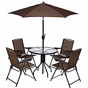 Tangkula 32” Outdoor Dining Table Round, Tempered Glass Top Steel Frame with 1.6 inch Umbrella Hole, All Weather Patio Side Table for Backyard Lawn Balcony Poolside or Garden