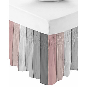 Rustic Farm Wood Grain Bed Skirt King Size 16 Inch Drop, Adjustable & Elastic Wrap Around Bed Skirts Pleated Luxury Dust Ruffles for Twin Full Queen Cal King Base Bed, Pink Grey White Ombre Color