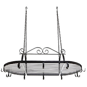 MyGift Black Scrollwork Metal Pot and Pan Ceiling Hanging Rack Heavy Duty Cooking Pans and Utensil Hanger with 10 Dual Hooks