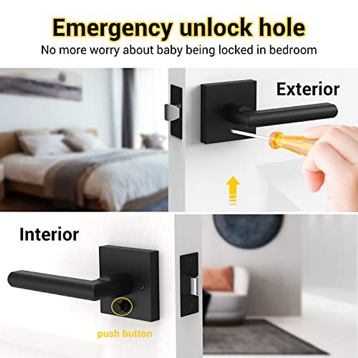 Ohuhu Door Handle, Matte Black Door Knob, Door Handles, Bedroom Door Lock, Door Lever with Modern Contemporary Slim Square Design for Home Bathroom Privacy in Satin Zinc