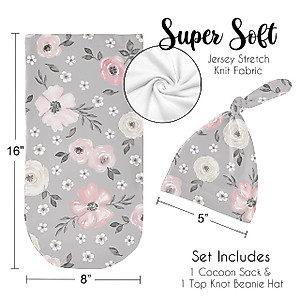Sweet Jojo Designs Grey Watercolor Floral Baby Girl Cocoon Beanie Hat Set Jersey Stretch Knit Sleeping Bag Infant Newborn Nursery Sleep Wrap Sack - Blush Pink Gray Shabby Chic Rose Flower Farmhouse
