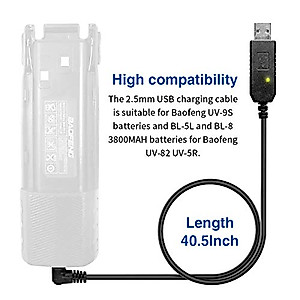 Baofeng 2.5mm USB Charger Cable with Indicator Light for BaoFeng UV-5R UV-82 3800mAh Battery UV-S9/9S Two Way Radio