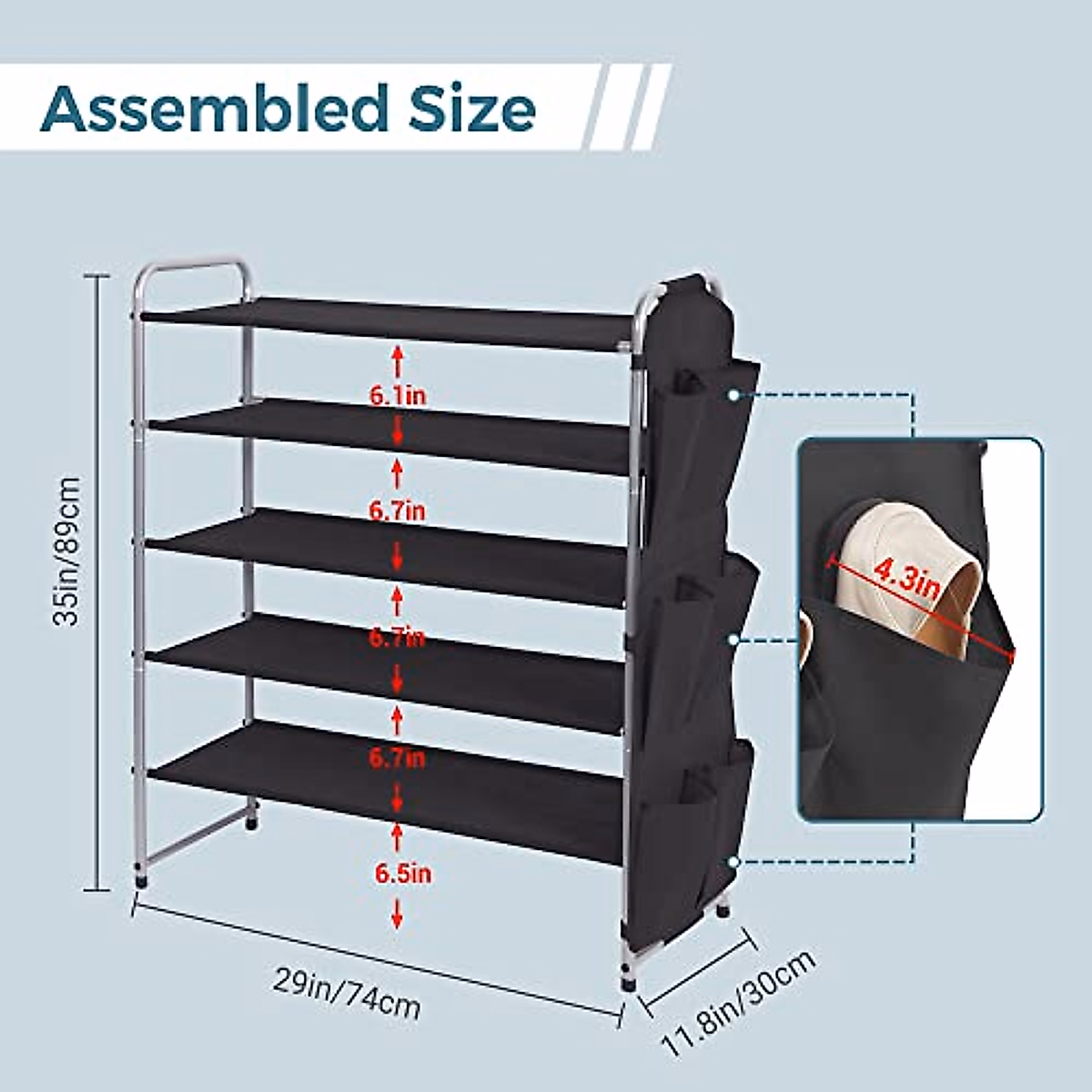 STORAGE MANIAC 5 Tier Shoe Rack with 6 Side Pockets, 23-Pairs Metal Shoes Organizer Free Standing Compact Shoe Storage Organizer Shoe Shelf for Closet Bedroom Entryway Hallway, Black