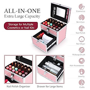 Frenessa Makeup Box Makeup Train Case Cosmetic Storage Organzier Nail Polish Box for Makeup Artist, Nail Tech Student, Craft Cosmetology Case with Mirror Drawer and Dividers Manicure Organizer Travel