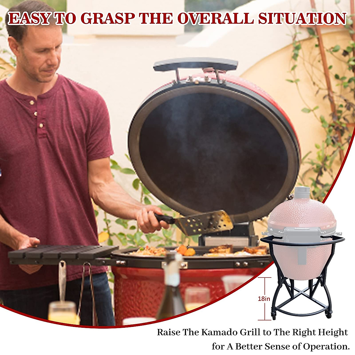 Rolling Cart with Handle+Foot Putter for Kamado Je Big Joe Accessories,Rolling Cart with Heavy Duty Locking Caster Wheels Powder Coated Steel Rolling Outdoor Cart for Kamado Big Joe Grill Stand